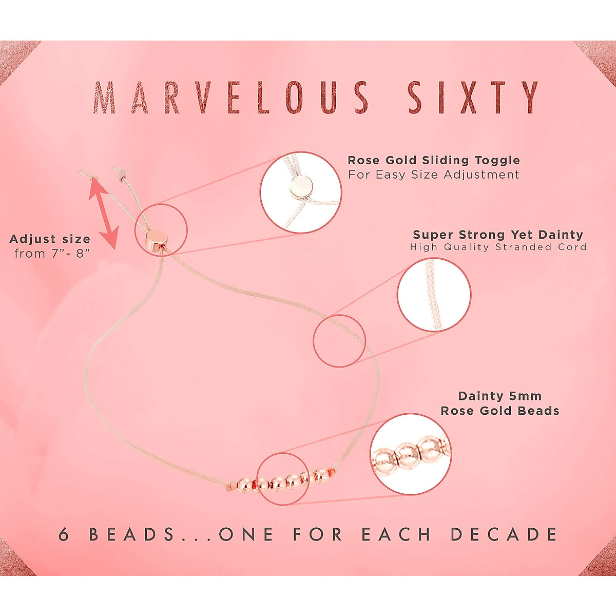 Lucky Feather 60th Birthday Gifts for Women - 14K Rose Gold Dipped Beads Bracelet on Adjustable Cord, 60th Birthday Jewelry Gift Ideas for 60 Year Old Woman