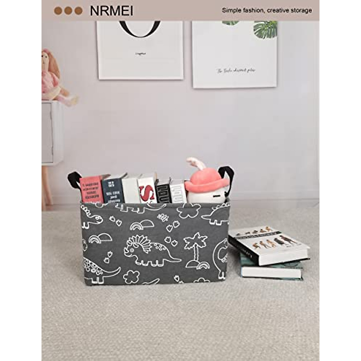 NRMEI Rectangle Storage Bin Toy Organizer Foldable Waterproof Coating Nursery Hamper for Living Room Bedroom and Clothes Toys(Rec Line Dinosaur)