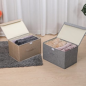 BAYUTE foldable storage box 2 storage boxes with lids, linen storage box, used to store toys, clothes, paper and books in the closet and bedroom. (M, GREY)