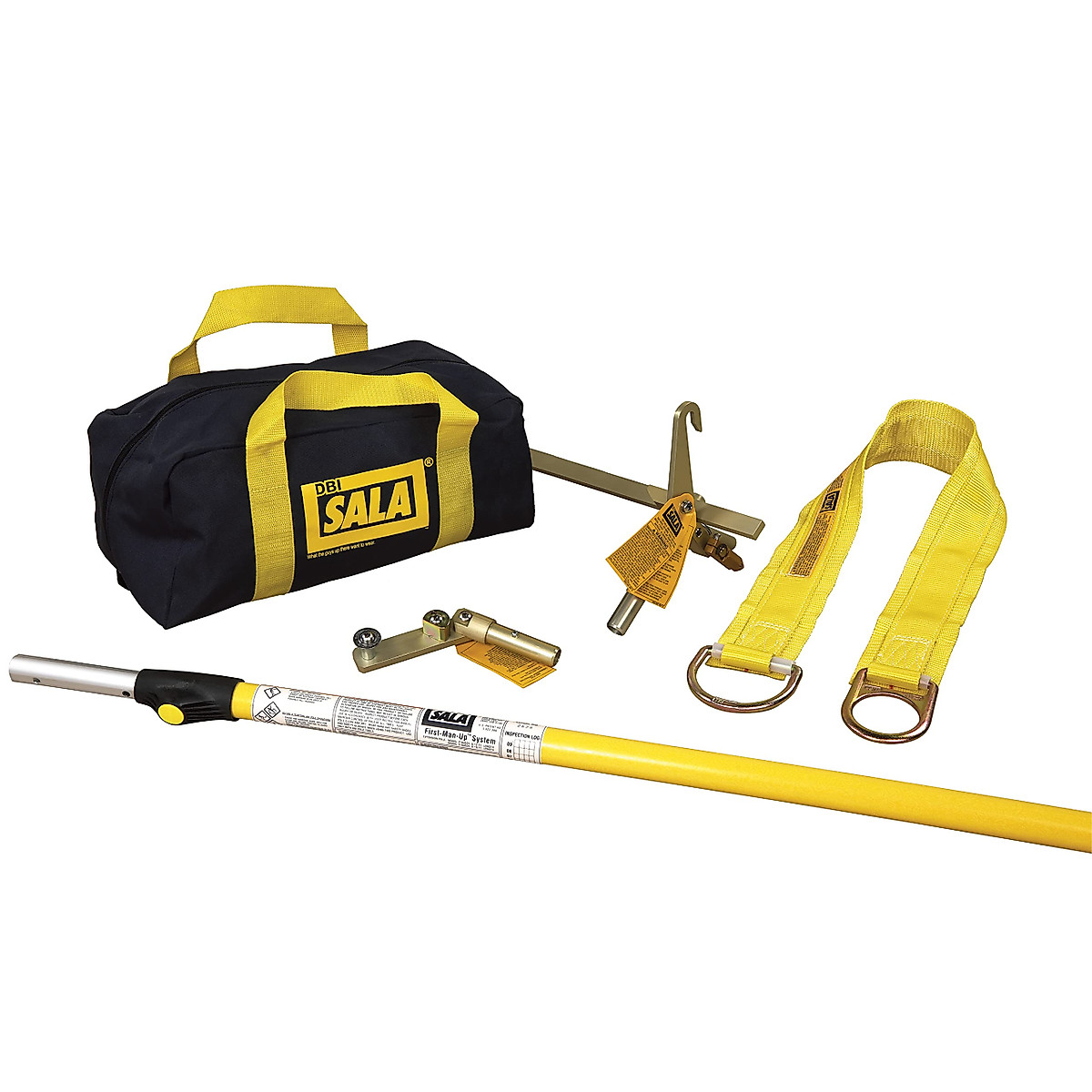 3M DBI-SALA First-Man-Up 2104527 Remote Anchor System, 6 to 12' Pole, Tie-Off Adaptor And Snap Hook Installation/Removal Tool, 3' Tie-Off Adaptor, Carrying Bag, Navy/Yellow