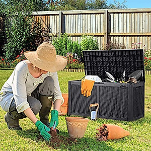 YITAHOME 100 Gallon Large Deck Box w/Storage Net, Resin Outdoor Storage Boxes, Waterproof Patio Cushion Storage Bench for Patio Furniture, Pool Supplies, Garden Tools- Rattan,Lockable (Black)
