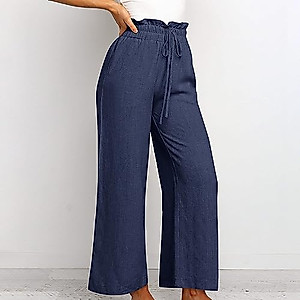 DOLKFU My Orders Placed Recently by me Flare Pants for Women Wide Leg Pants for Women High Waisted Drawstring Palazzo Linen Pants Casual Loose Trousers with Pockets Navy XL
