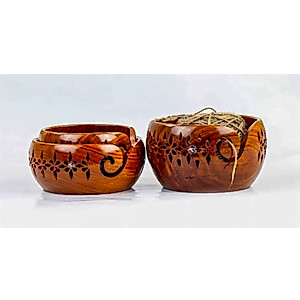 SRK International Rosewood Crafted Wooden Yarn Storage Bowl with Carved Holes & Drills | Knitting Crochet Accessories | Medium - 7 X 3, Brown (SB - 202)