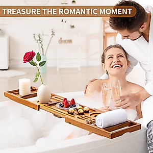 Axeman Teak Bathtub Tray - Bathtub Caddy for Luxury Bath Foldable Bath Tray Bath Tub Accessories with Expandable Handles Wine Glass Phone Holder Book Stand for Home Spa Relaxing and Reading，Natural