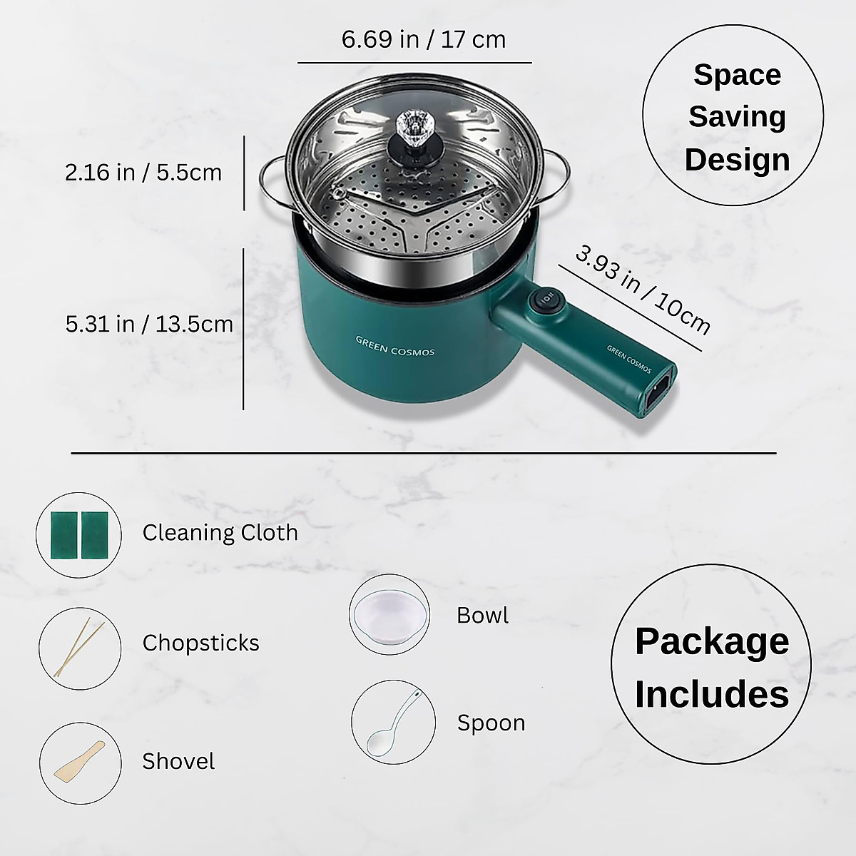 Green Hot Pot Electric with Steamer, Multi-function Cooker, 1.8L Noodle cooker Non-Stick Frying Pan, Electric Pot for Pasta with Adjustable Temprature Control, Over-Heating & Boil Dry Protection