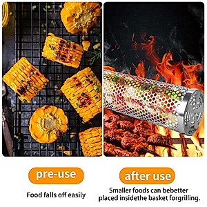 Vilopin Rolling Grilling Baskets for Outdoor Grill BBQ,Net Tube,Stainless Steel Large Round Mesh Rotation Barbecue Cylinder Cage Cooking Accessories for Veggies Fish Meat Food Camping Family Picnic
