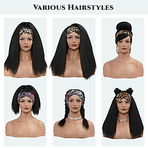 Aminow Kinky Straight Headband Wig, Soft & Natural as Human Hair, Glueless Headband Wigs for Black Women, Long Black Italian Yaki Synthetic Half Wig (1B Natural Black, 20 Inch)