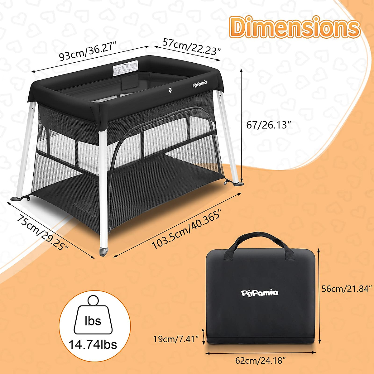 Travel Crib,PAPAMIA Light Portable Crib with Mattress | Foldable Playpen for Babies and Toddlers | Play Yard with Lightweight Handbag Design | Safety Certified
