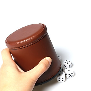 RERIVER PU Leather Dice Cup Set Felt Lining Quiet Shaker with 5 Dot Dices for Farkle Yahtzee Games, 2 Pack (Brown)