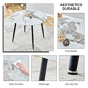 JBFF 40" Modern Minimalist Glass Dining Table for 2-4, 0.3" Thick White Circular Imitation Marble Pattern Tabletop with 4 Black Metal Legs, Suitable for Dining Living Room Restaurant