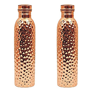 Arts Of India Pure Copper Water Bottle, Drink ware Set, Capacity 1000 ML, Set of 2 ((HAMMERED 2)