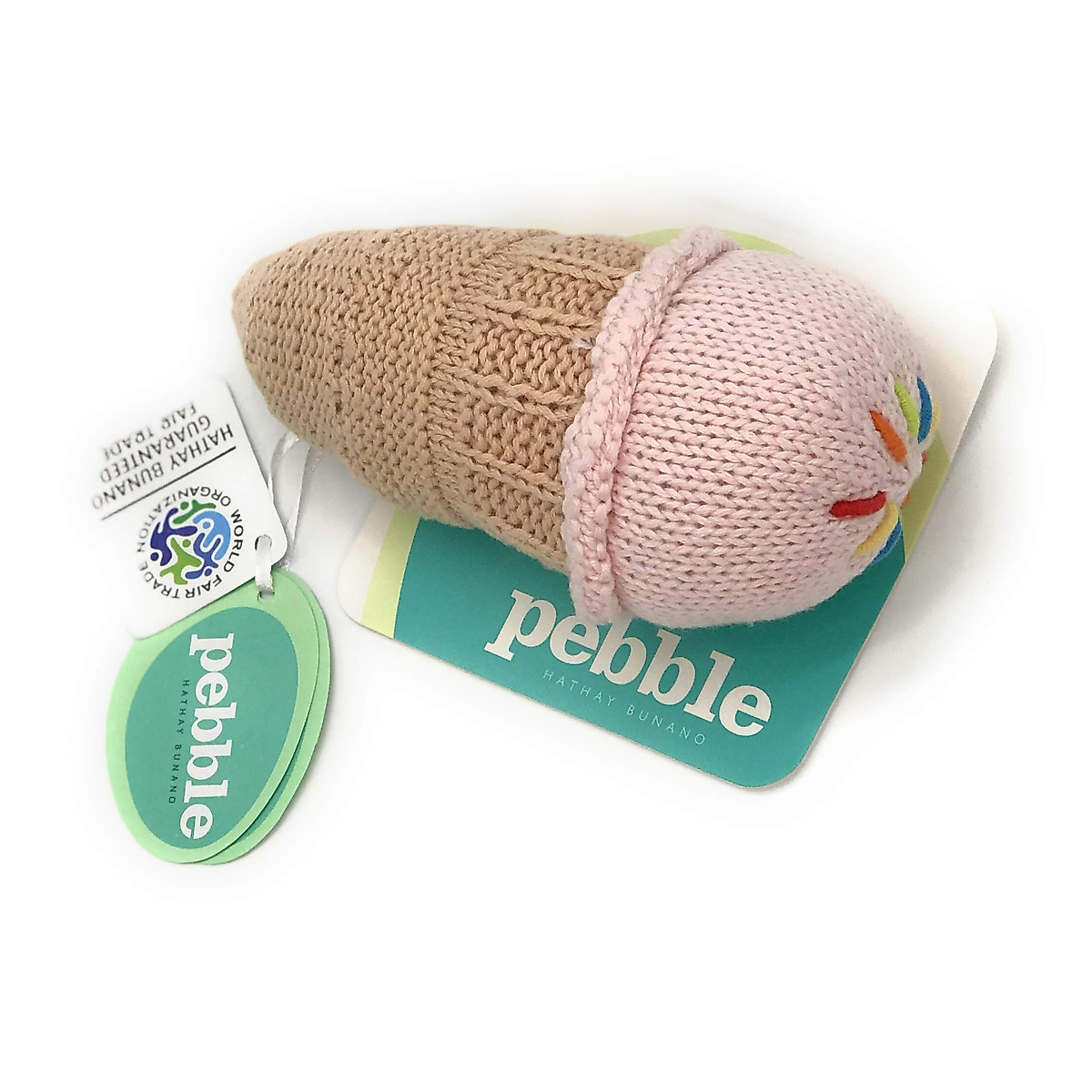 Pebble | Handmade Ice Cream Cone Baby Rattle with Sprinkles—Pink/Strawberry | Knitted Baby Toy | Fair Trade | Play Food | Machine Washable