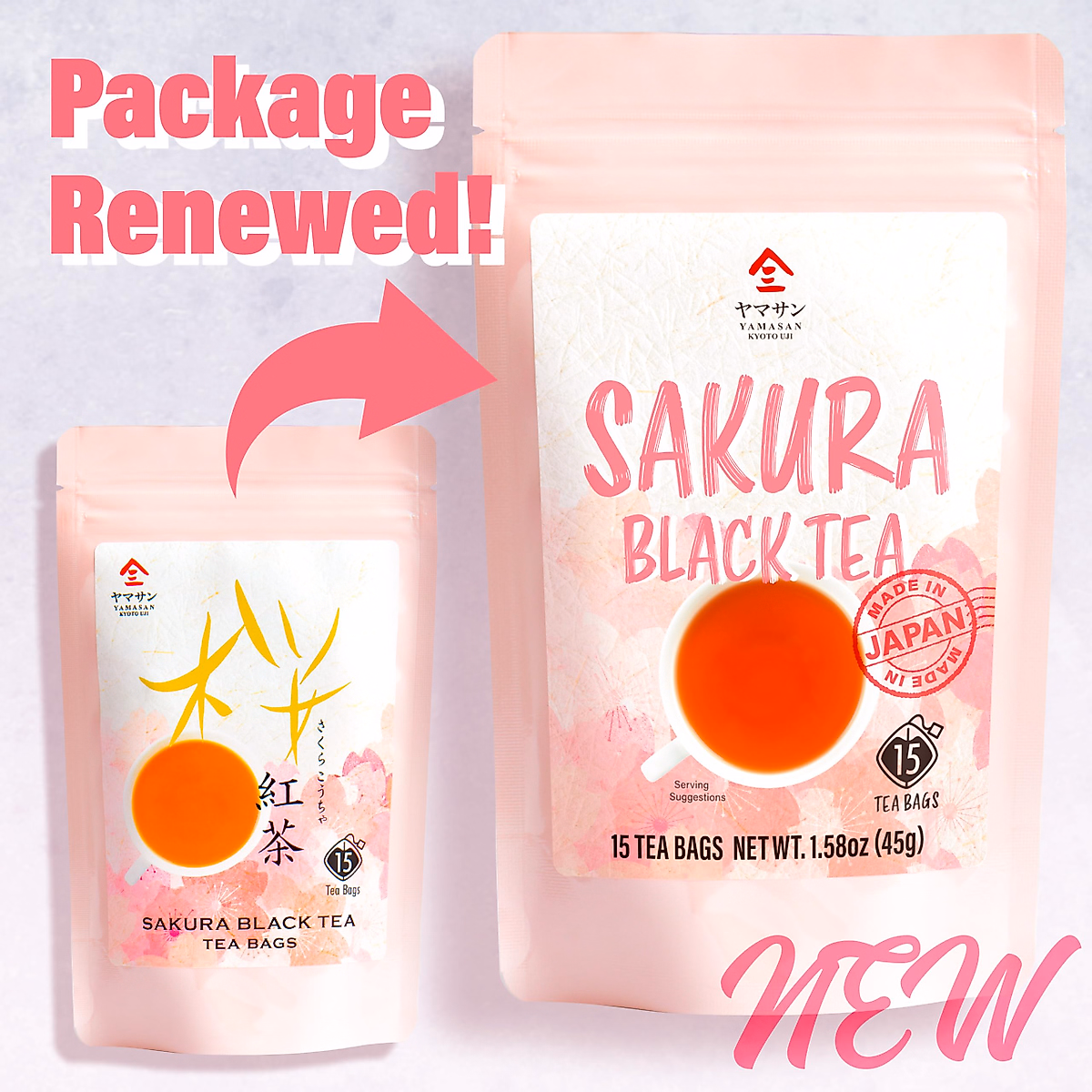 YAMASAN KYOTO UJI Sakura Japanese Loose Leaf Black Tea Bag 3g×15bags,Cherry Blossom Flavored Tea, Blended with cherry leaves