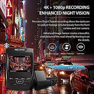RexingUSA V1PGW-4K Dual Channel Car Dash Cam 2160p +1080p w/Built-in GPS Wi-Fi 2.4” LCD Screen | 170° Wide Angle Dashboard Camera Recorder with Rear Cam | G-Sensor | WDR | Loop Recording (2023)