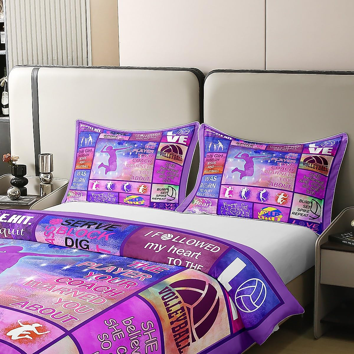Volleyball Bedding Duvet Cover 100% Cotton Set Twin Size Sports Game Bedding Set for Kids Decor Volleyball Player Comforter Cover Set Purple Bedspread Cover Bedroom Bedclothes