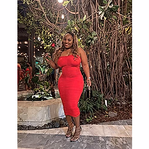 BEAGIMEG Women's Sexy Ruched Strapless Bodycon Tube Maxi Long Club Dress Red