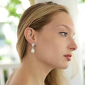 Mariell Pearl Bridal Wedding Drop Earrings with CZ Crystals for Brides, Bridesmaids, Birthday Gift