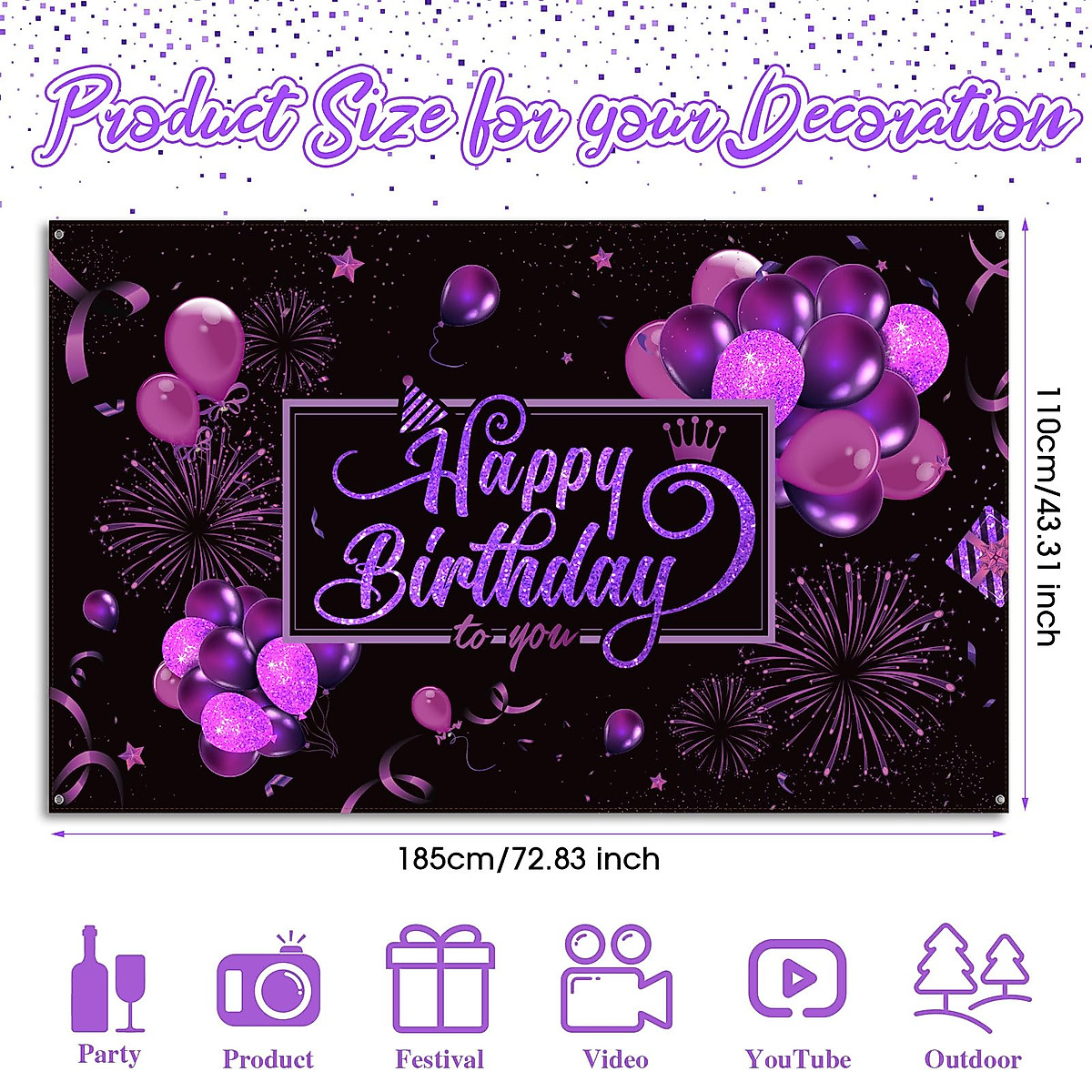 Blulu Happy Birthday Backdrop Banner Sign Poster Large Fabric Glitter Balloon Fireworks Sign Photo Backdrop Background for Birthday Party Decoration Supplies, 72.8 x 43.3in(Black and Purple)
