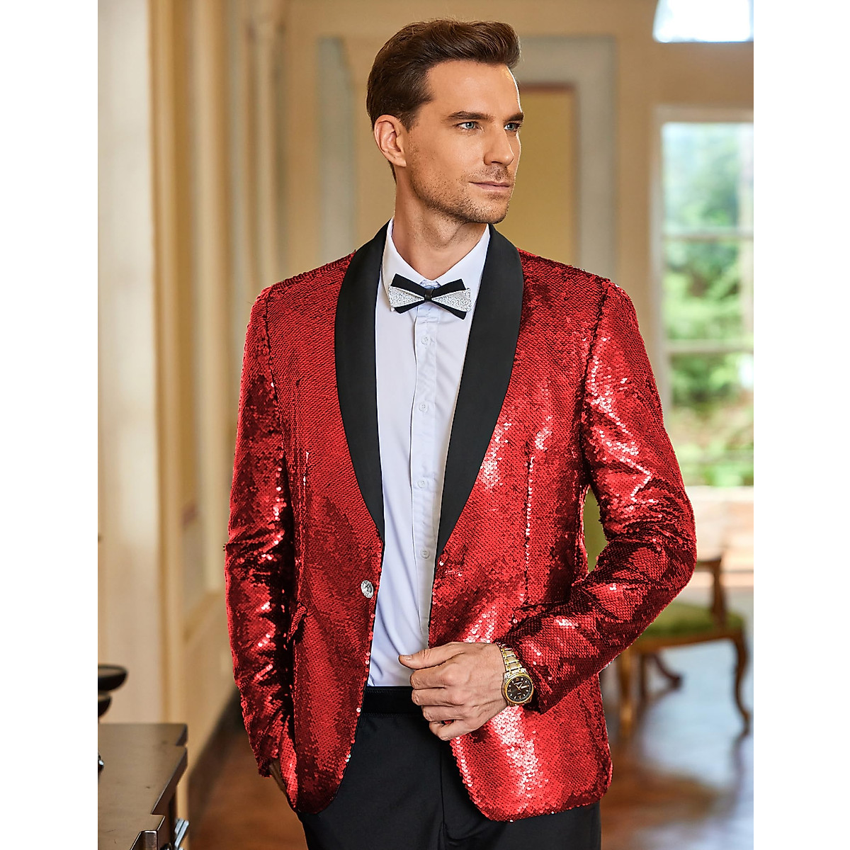 COOFANDY Shiny Sequins Suit Jacket Blazer One Button Tuxedo Christmas Nightclub Red