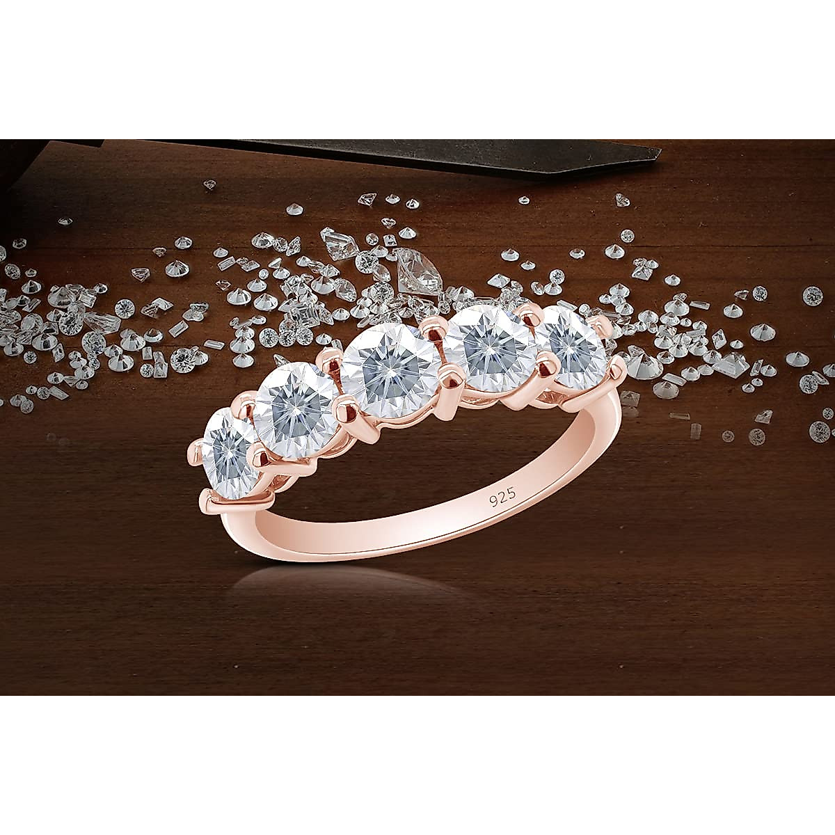 SAVEARTH DIAMONDS 14k Rose Gold Over Sterling Silver 1 1/5 Carat Moissanite Lab Created Diamond Half Eternity Anniversary Wedding Band Ring For Women (1.20 Cttw) Ring Size - 6