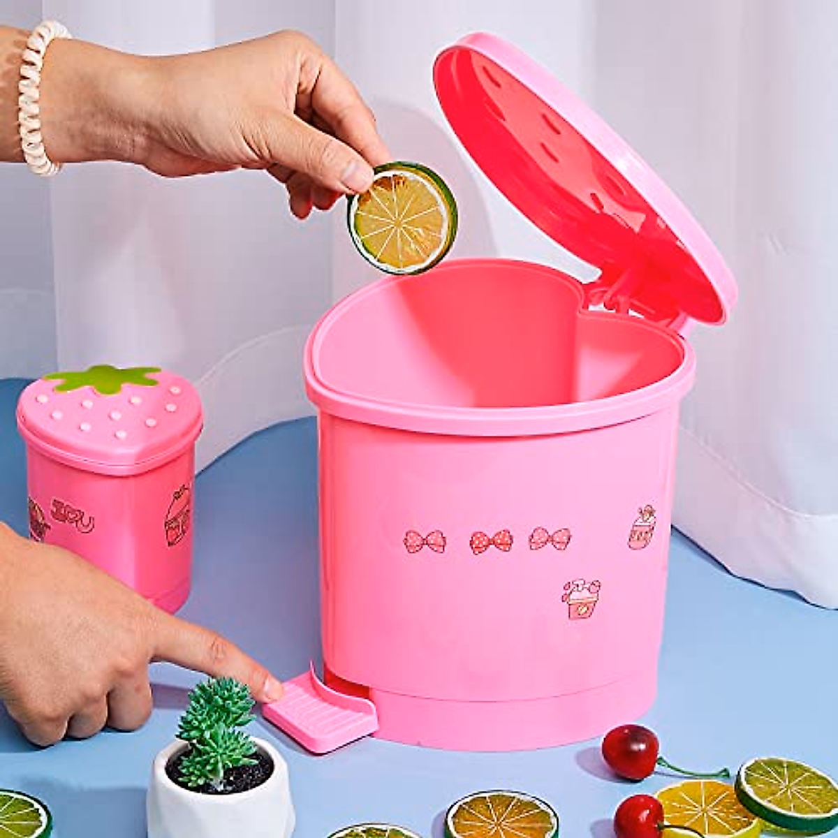 2 Pieces Strawberry Desk Trash Can Cute Trash Can Kawaii Mini Trash Can for Desk Mini Garbage Can Plastic Strawberry Kitchen Waste Bin with Sticker for Car Office Home Bedroom Bathroom Decor (Pink)