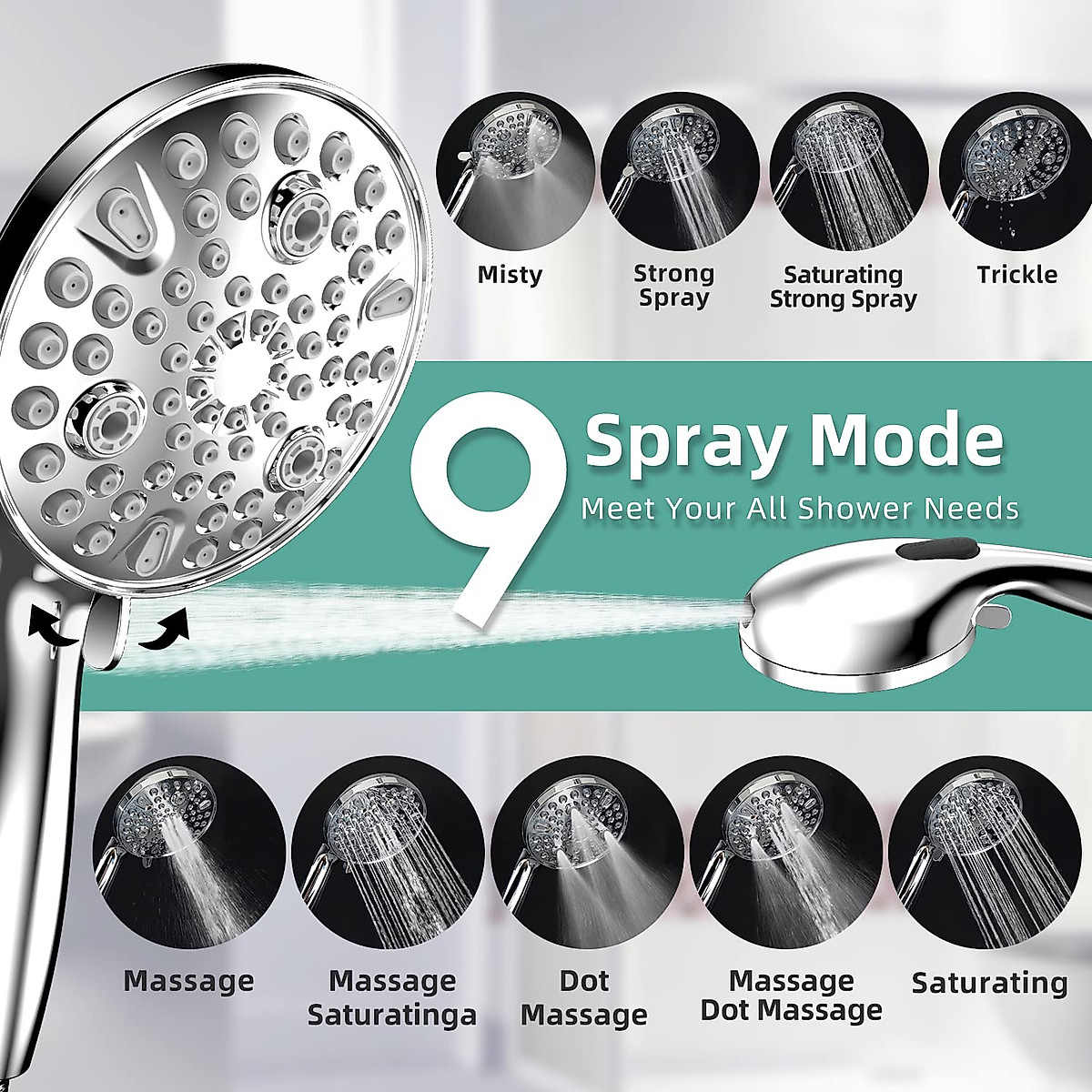 High-Pressure 9-Setting Handheld Shower Head Set- Extra Long 6 ft Durable & Flexible Stainless Steel Hose - Adjustable Brass Bracket | Anti-Clog Nozzles| Enjoy Spa Experience Shower Chrome