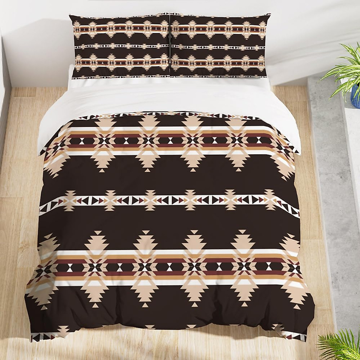 TBUEKLI Western Bedding Sets King Size Boho Aztec Duvet Cover, Tribal Southwestern Comforter Cover Set for Girls Women Kids Boys Bedroom Decor, Geometric Pattern Quilt Cover, Brown Khaki