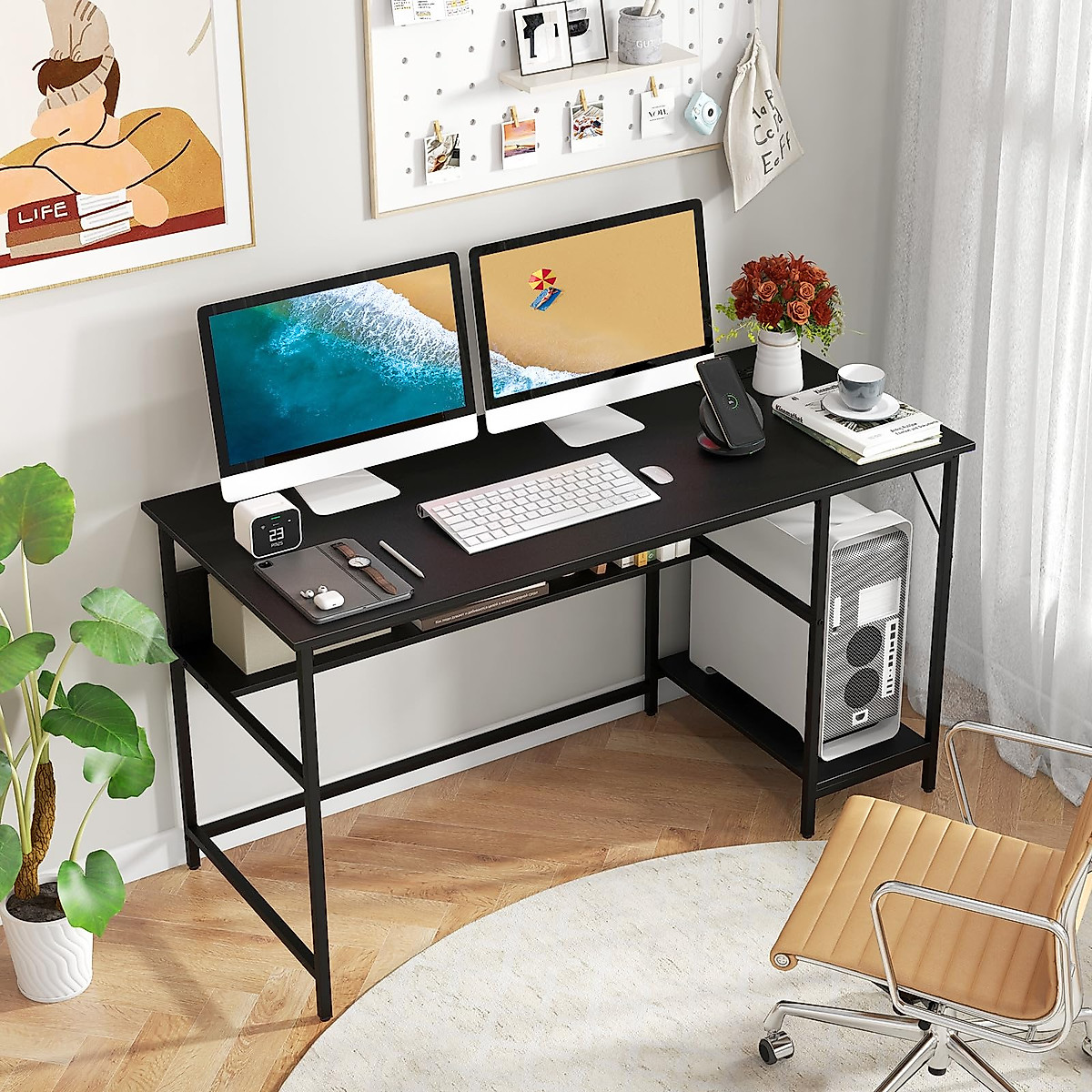 IFANNY 55’’ Computer Desk, PC Gaming Desk with Power Outlet & USB Ports, Large Home Office Desk with Storage Shelves & Steel Frame, Industrial Study Desk for Bedroom (Black)