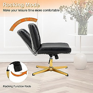 HomVent Armless Office Desk Chair No Wheels, PU Leather Tufted Padded Cute Desk Chair, Modern Ergonomic Computer Desk Chair w/Gold Cross Base,Adjustable Swivel Desk Chair for Makeup Vanity Study Black