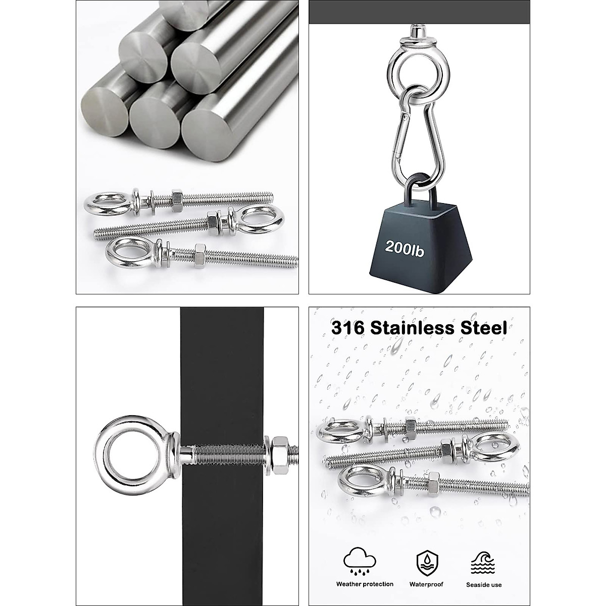 Abimars Lifting Shoulder Eye Bolt M6 with Nuts and Spring Snap Hook, 4 Pcs 316 Stainless Steel Eyebolts for Hanging Items