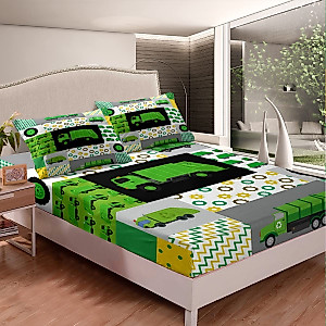 Feelyou Green Garbage Truck Sheets with Deep Pocket Fitted Sheet Powered Waste Management Recycling Trucks Sheet Set Cartoon Garbage Truck Bed Sheets Set for Kids Boys Girls Car Bedding Set Twin Size