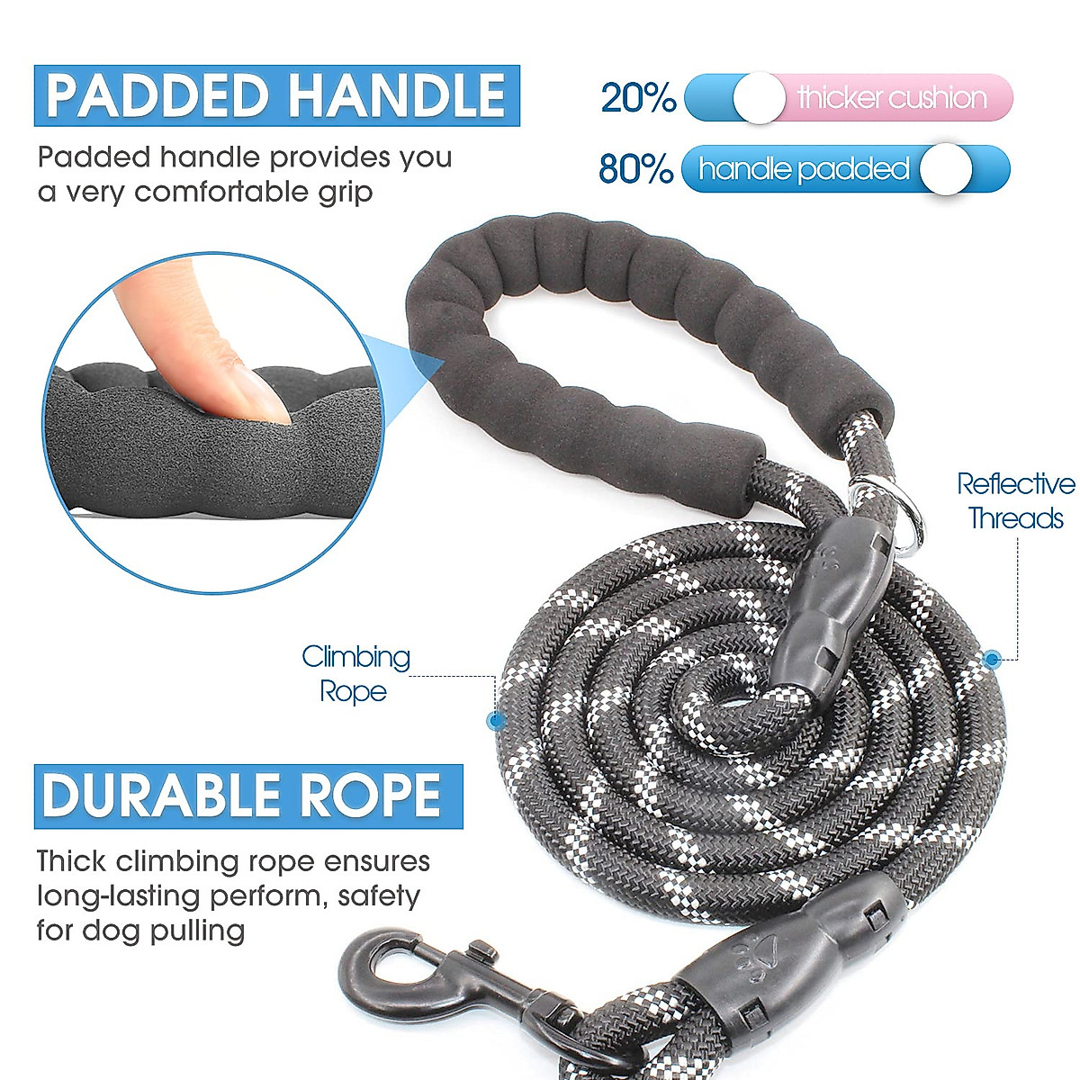 BAAPET 2/4/5/6 FT Dog Leash with Comfortable Padded Handle and Highly Reflective Threads for Small Medium and Large Dogs (6FT-1/2'', Black)