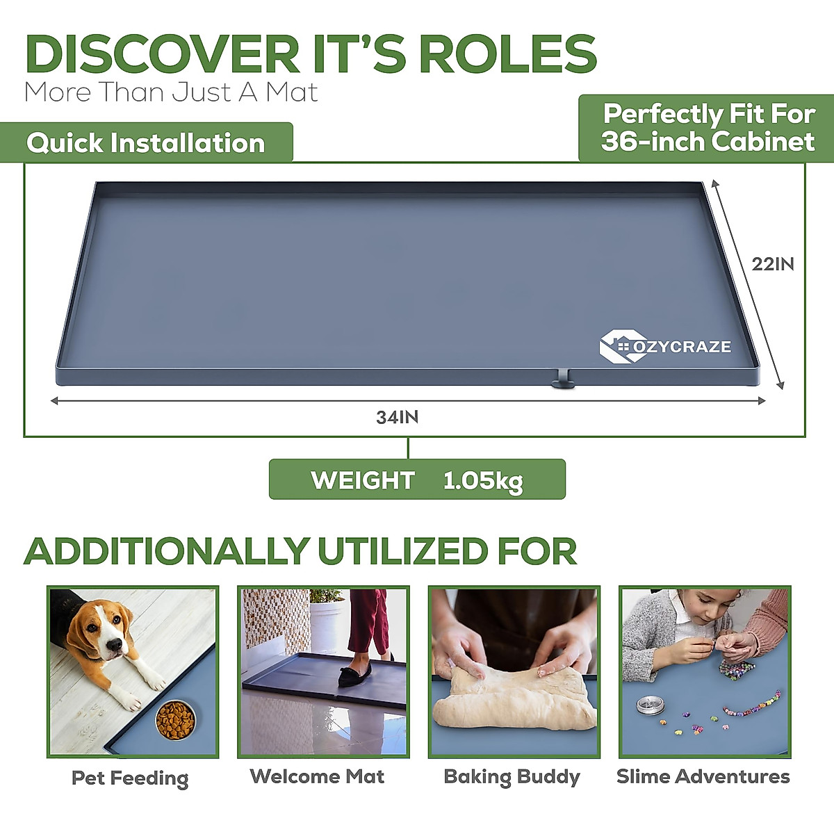 Cozycraze Under Sink Mat 𝟮𝟮𝘅𝟯𝟰 Inches, Durable Slip Resistant Silicone Under the Sink Mat with Drain Hole on Edge for Bathroom and Kitchen Cabinets, Under Sink Mats for Kitchen Waterproof (Grey)