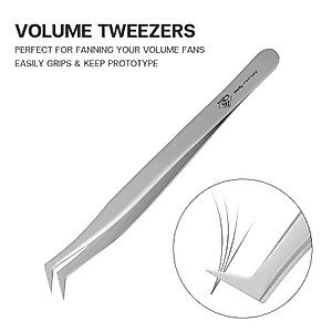 Pretty memory Volume Lash Tweezers, Stainless Steel Eyelash Extension Tweezers, Professional Precision Mega Curved Angled Tweezer, Silver
