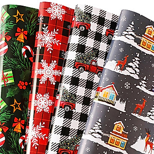 BOLIANNE Christmas Wrapping Paper for Kids Men Women - Xmas Holiday Gift Wrap with Buffalo Plaid, Trucks, Snowflakes, Reindeer for Party - 8 Large Sheets, Vintage Design, 27 x 37 Inch, High Gloss