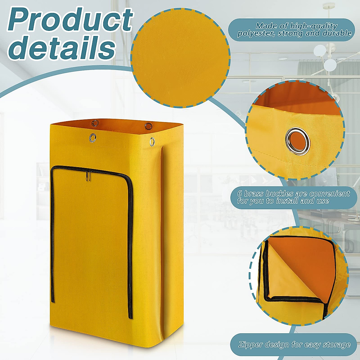 Cleaning Cart Bag Zippered Front Replacement Janitorial Cart Bag 24 Gallon Large Capacity Commercial Cleaning Bags for Cleaning Cart Housekeeping Carts, Yellow (33 x 16.8 x 10.5 Inch)