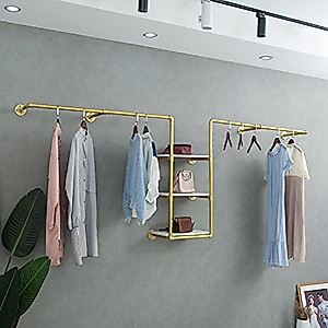 CIVANA Industrial Pipe Clothing Rack Wall Mounted Garment Hanging Bar Retail Display Rack with 3 Tiers Wood Vintage Multi-Purpose Clothes Storage Hanger(Glod, 110'' L)