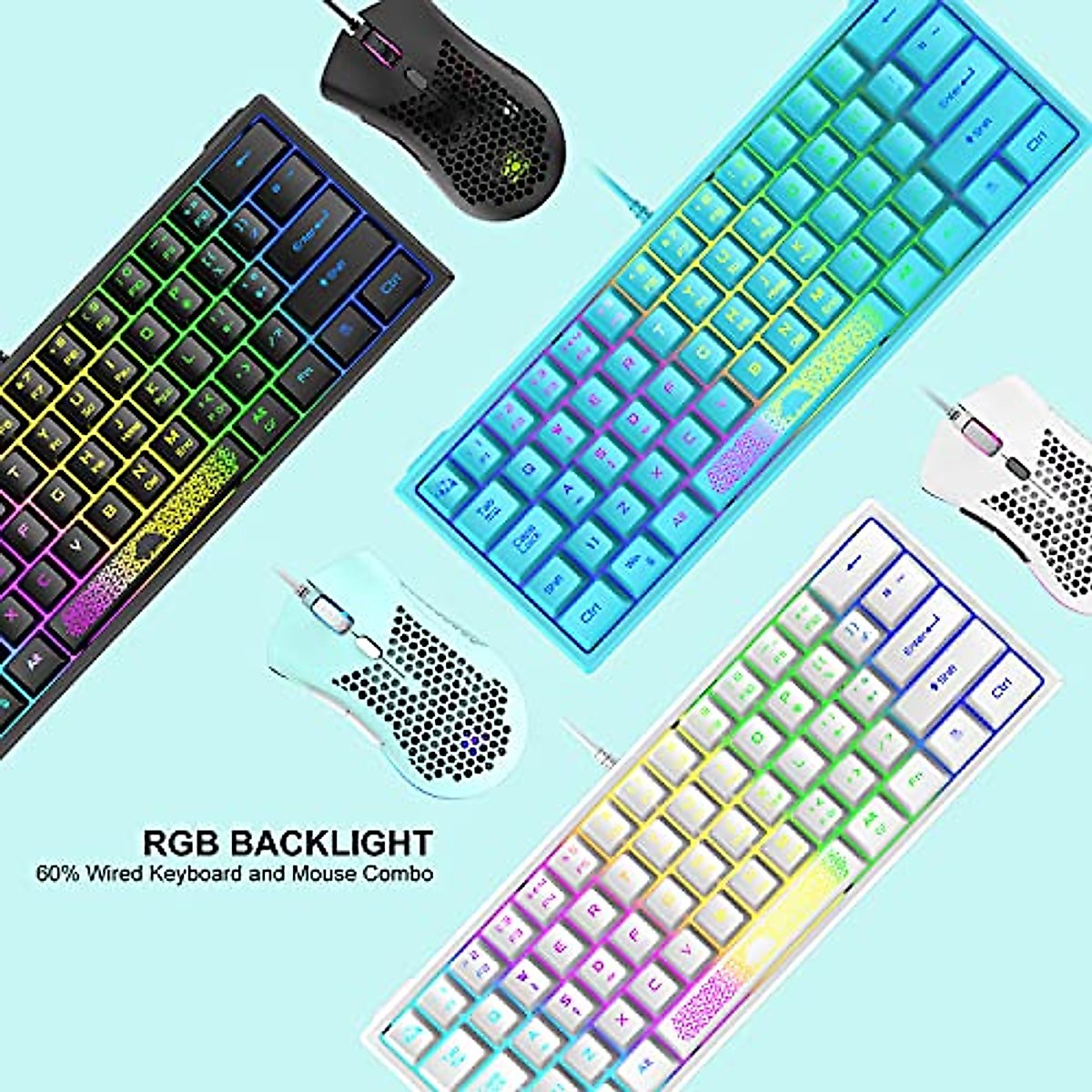 60% Gaming Keyboard and Mouse Combo Samll Mini RGB Backlight Mechanical Feeling and Honeycomb Optical Mouse, Mouse pad for Gamers and Typists