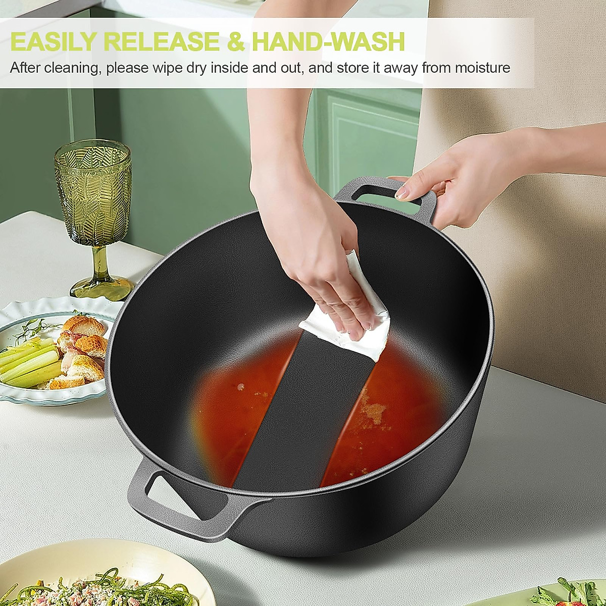 RAINBEAN 2-in-1 Pre-Seasoned Cast Iron Dutch Oven Pot with Skillet Lid Cooking Pan,5.5 QT Dual Handles Dutch Oven Pot with Lid,Heavy-Duty Non-stick Round Dutch Oven for Bread Baking, Stewing, Roasting