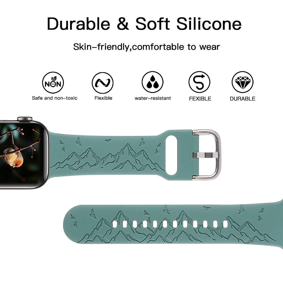 Mountain Range Engraved Silicone Band Compatible With Apple Watch 38mm 40mm 41mm for Women Men,Adventure Travel Gift Idea,Flying Bird Carved Soft Silicone Sport Wristband Replacement Strap with