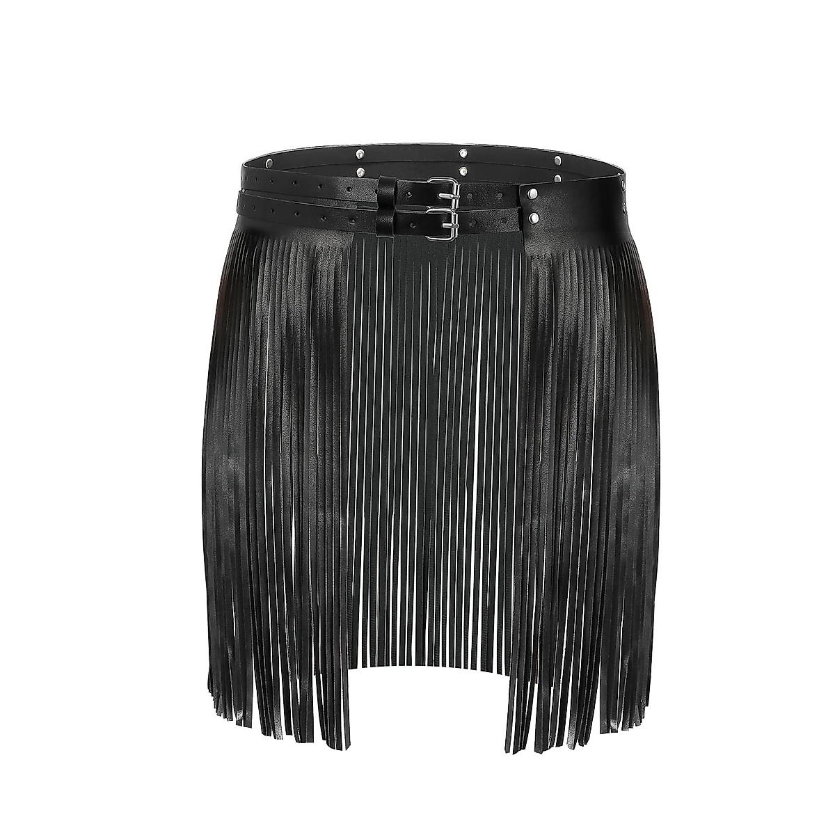 JASGOOD Wide Tassel Waist Belt for Women Fringe Black PU Leather Gypsy Style Belt for Ladies Punk Outfit (Fit Size 30.7”-39.3”, Tassel length 40cm)