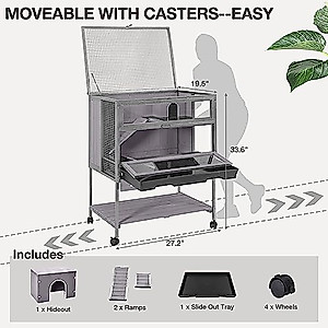 MEDEHOO Guinea Pig Cage, Moveable Metal Frame Hamster Cage Anti-Chewing with Aluminium Alloy Edge, Hideouts, Ramps, Seesaws Chewing Toy, Deeper Pull-Out Leakproof Tray for Indoor Outdoor