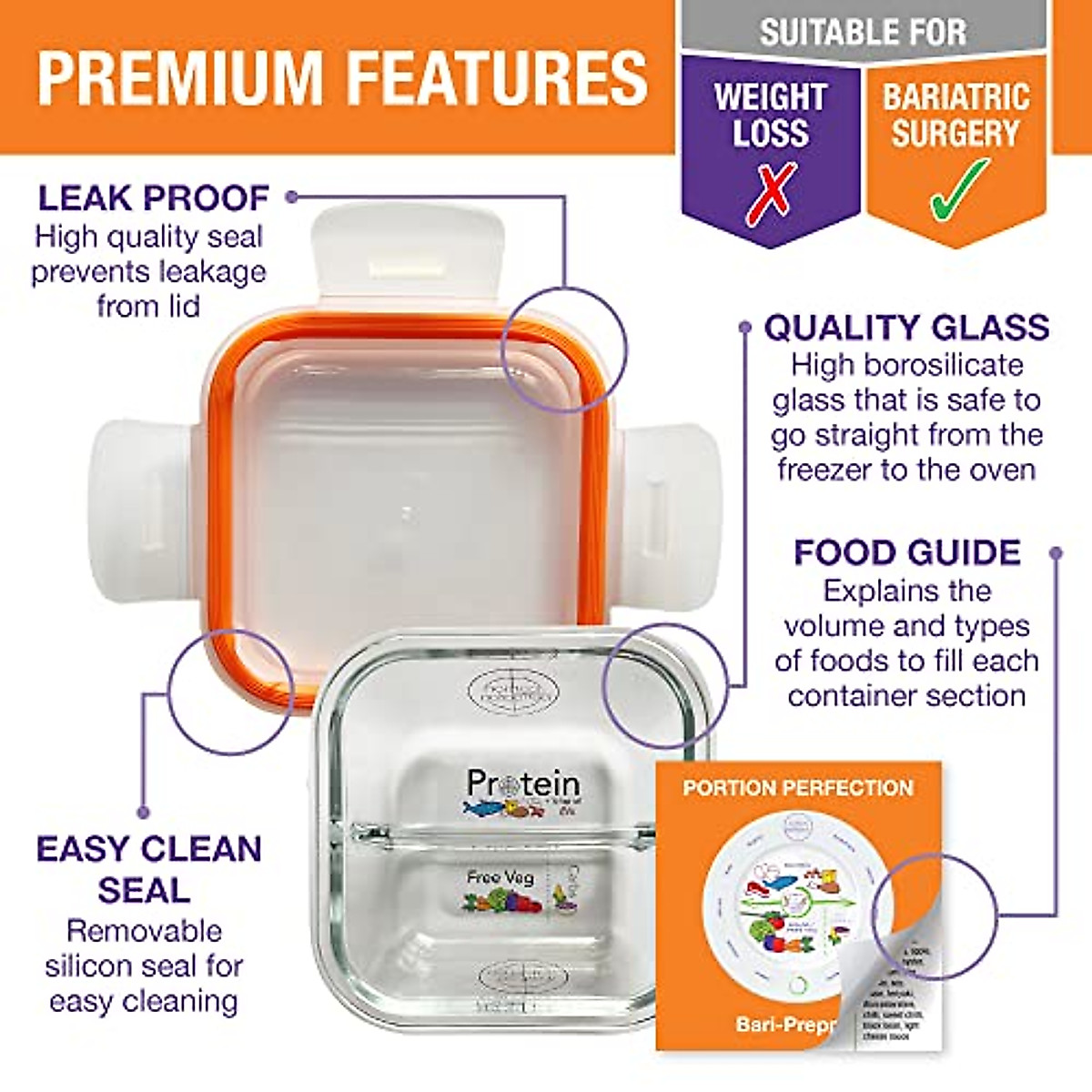 Bariatric Portion Control Lunchbox/Meal Prep Glass Containers 3pk with 100 Cal Snack Container Set, Practical Meal Prep, Gastric Sleeve, Bypass or Band with Protein, Carbs & Veg
