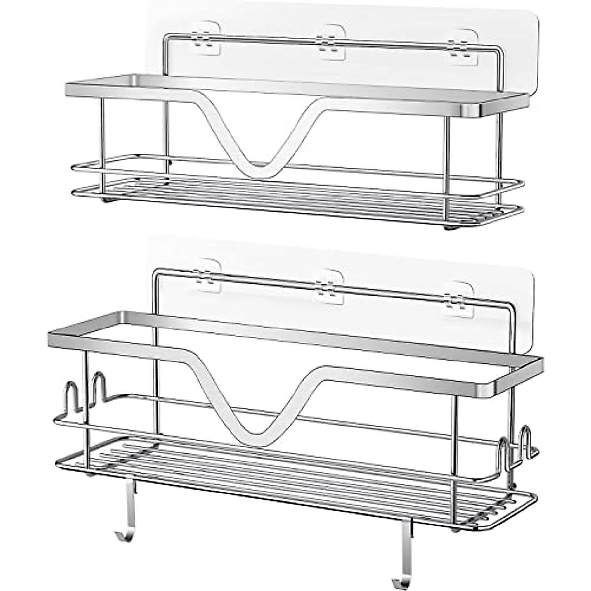 SIXDOVE Shower Caddies 2 PACK - No Drilling Adhesive Shower Organizer with Hooks, Rustproof SUS304 Stainless Steel Bathroom Shower Shelf, Shower Rack Large Shower Holder & Kitchen Storage (Silver)