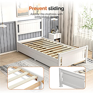 VINGLI Twin Size Bed Frame with 4 Drawers on Wheels and Headboard, Twin Wood Platform Bed with Storage Underneath, Mattress Foundation with Wooden Slats Support, No Box Spring Needed, White
