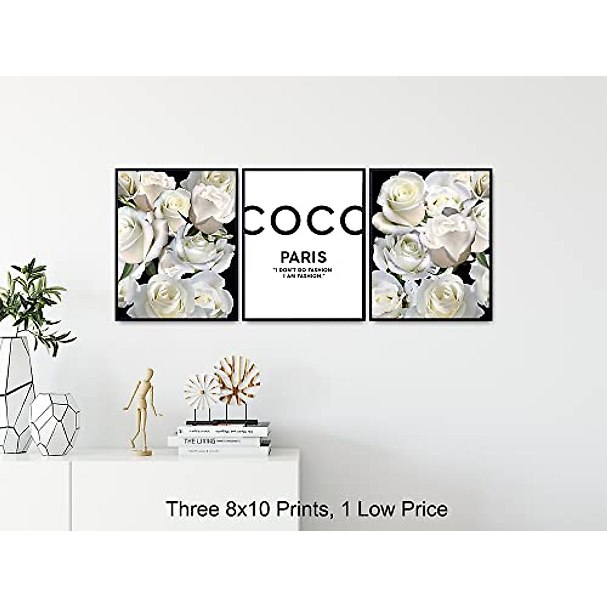 Fashion Quotes Set - Chic Modern Fashion design Home Decor for Bedroom, Living room, Bathroom, Office - Glam Wall Art Decor - Luxury Gift for Woman - Elegant White Roses - Designer Art print Set