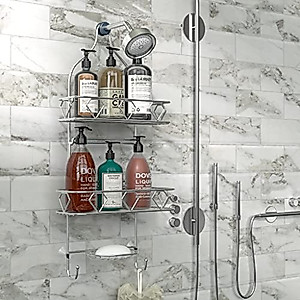 GeekDigg 3 Tier Hanging Shower Caddy, Shower Caddy Basket over Shower Head with Suction Cups, Hooks, Bathroom Caddies, Rustproof Stainless Steel, Silver