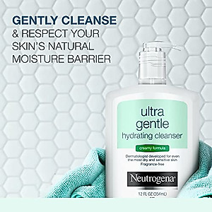 Neutrogena Ultra Gentle Hydrating Daily Facial Cleanser for Sensitive Skin, Acne, Eczema & Rosacea, Oil-Free, Soap-Free, Hypoallergenic & Non-Comedogenic Creamy Face Wash, 12 fl. oz
