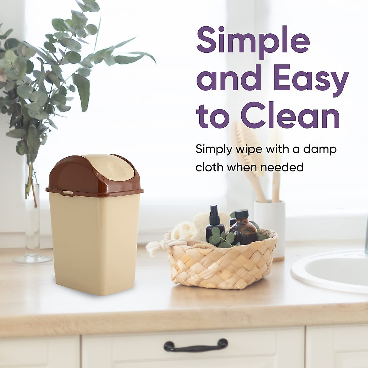 Superio 1.25 Gal Mini Plastic Trash Can with Swing Top Lid Small Waste Bin for Countertop, Desk, Vanity, Bathroom 5 Quart (Beige/Brown)