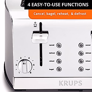 KRUPS KH734D Breakfast Toaster with Brushed and Chrome Stainless Steel Housing, 4-Slices with Dual Independent Control Panel, 6-browning levels, Silver